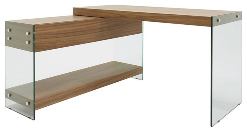 Modrest Laxson 1-Drawer Modern Veneer & Glass Office Desk in Walnut ...