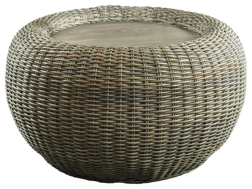 Transitional Round Rattan Coffee Table with Wooden Top, Natural Brown ...