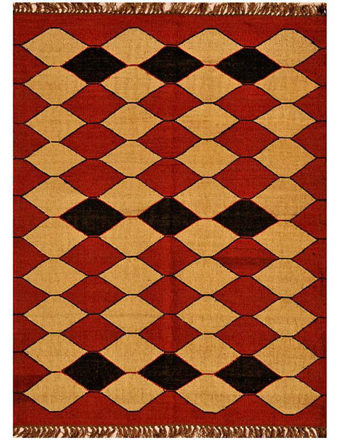 Handwoven Jute and Wool Waves Rug, Red, Yellow, and Black, 8'x11 ...