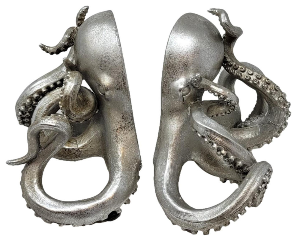 Vintage Style Large Octopus Bookend Set 2 Sea Life Silver Ornate 10 in ...