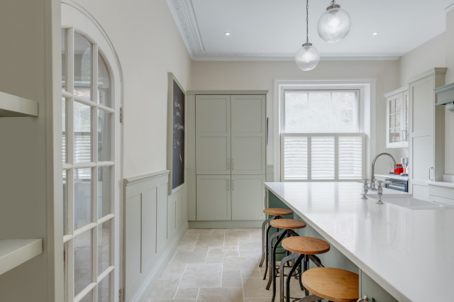 Capri White Gemini Quartz worktops with sage green cabinetry - Rustic ...