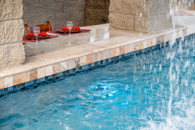 PebbleTec Pool Remodel: PebbleSheen Blue Surf, Lightstreams Tile, Fire + Water - Contemporary ...