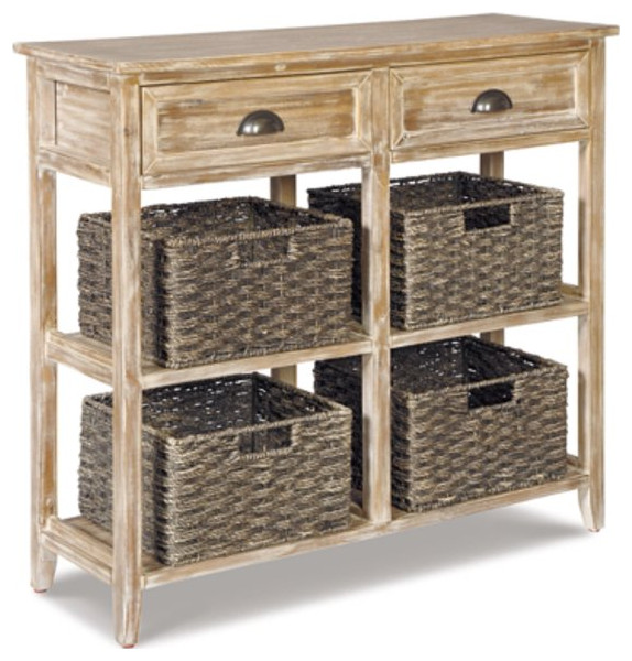 Farmhouse Console Table, 4 Woven Baskets & 2 Drawers With Cup Pulls ...