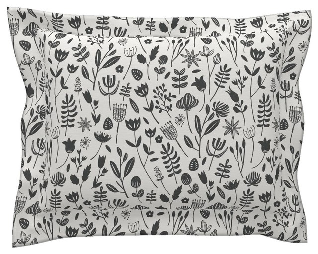 Folk Botanical Print Black Floral Cotton Pillow Sham, Standard ...