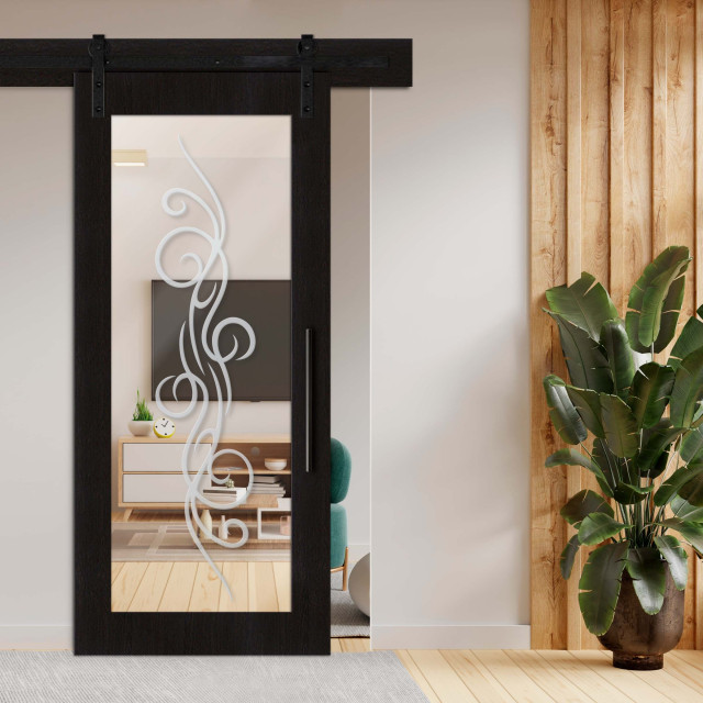 Mirrored Barn Door with Frosted Design, Wenge, Zebrano or Ebony Veneers ...