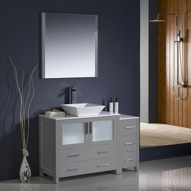 Torino Modern Bathroom Vanity With Side Cabinet and Vessel Sink, Gray ...