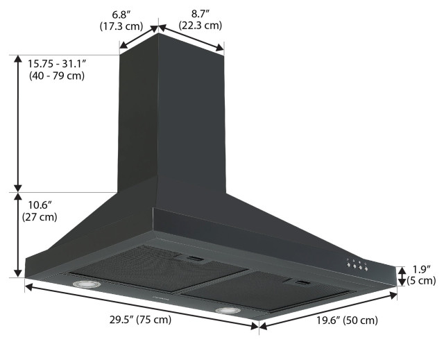 Ancona 30" 450 CFM Convertible Wall Mount Pyramid Hood, Black Stainless ...