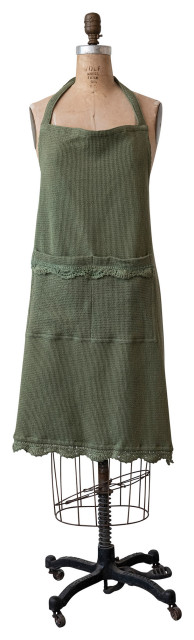 Waffle Weave Cotton Apron With Crochet Lace Trim, Green - Aprons - by ...