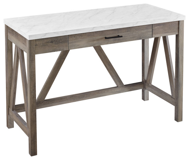 46" A Frame Modern Farmhouse Wood Computer Desk, White Faux Marble/Gray ...