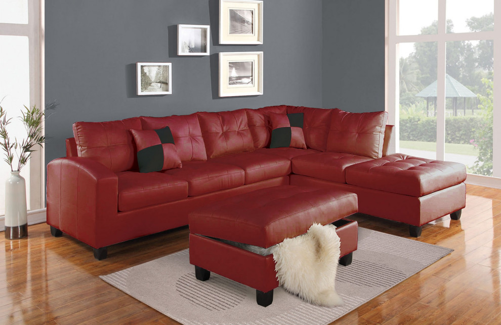 78" X 33" X 34" Red Bonded Leather Reversible Sectional Sofa With 2 ...