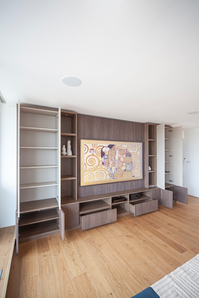 Bespoke Sleek Brown Media Unit with ribbed wood slat panels ...