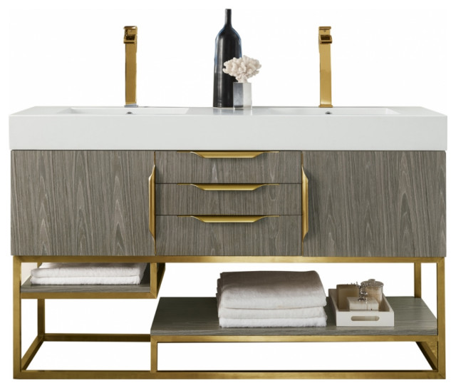 59 Inch Ash Gray Double Sink Bathroom Vanity Gold Metal Base, James ...