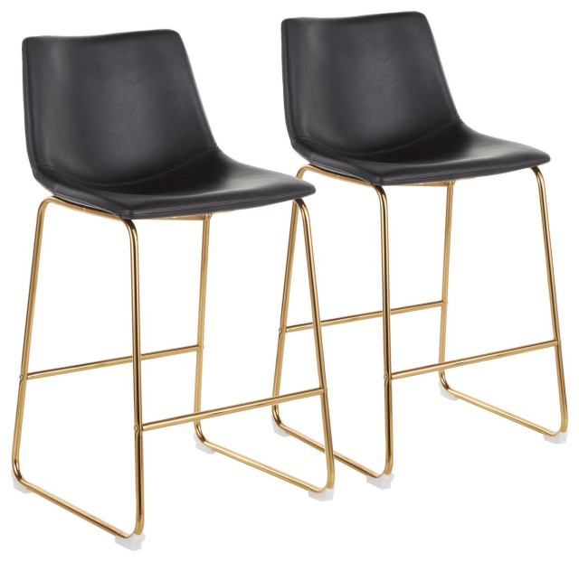 Set of 2 Bar Stool, Elegant Gold Finished Metal Legs & Faux Leather ...