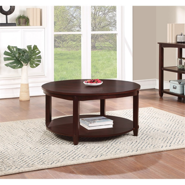 Lane Round Coffee Table with Lower Shelf in Espresso Wood Finish ...