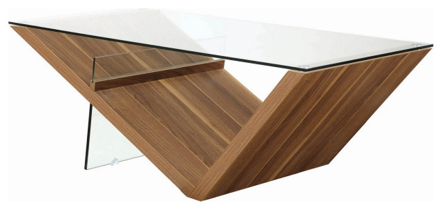 Wood and Glass Rectangular Coffee Table with V Shape Base, Brown and ...