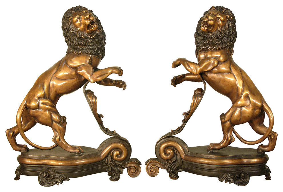 Bronze Fireplace Andirons, 26" Lion Themed Design - Traditional ...