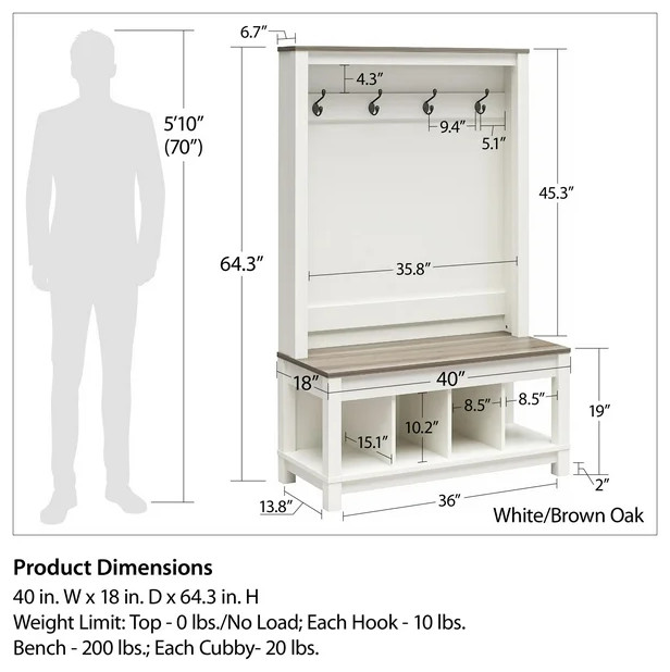 Modern Rustic Farmhouse Hall Tree with Hooks and Shelves, White/Brown ...
