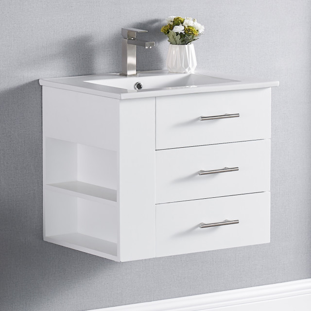 24" Left Side Shelf Vanity Wood Body With Premium White Ceramic (no ...