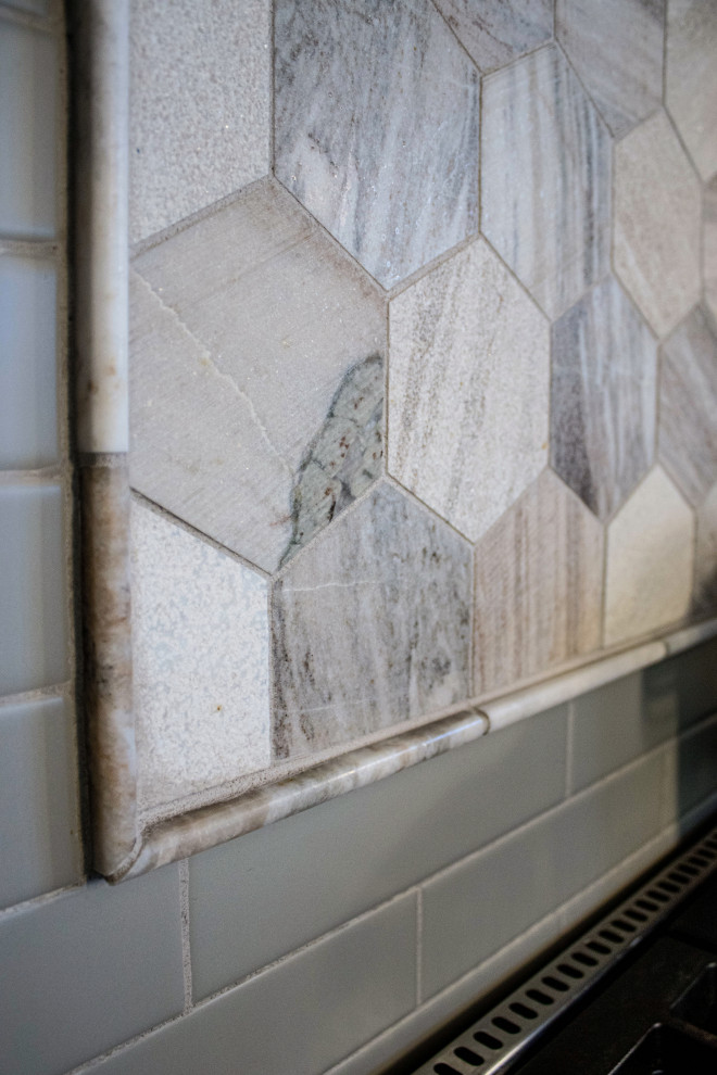 Two Tone Medallion White and Blue Kitchen with Gray Backsplash ...