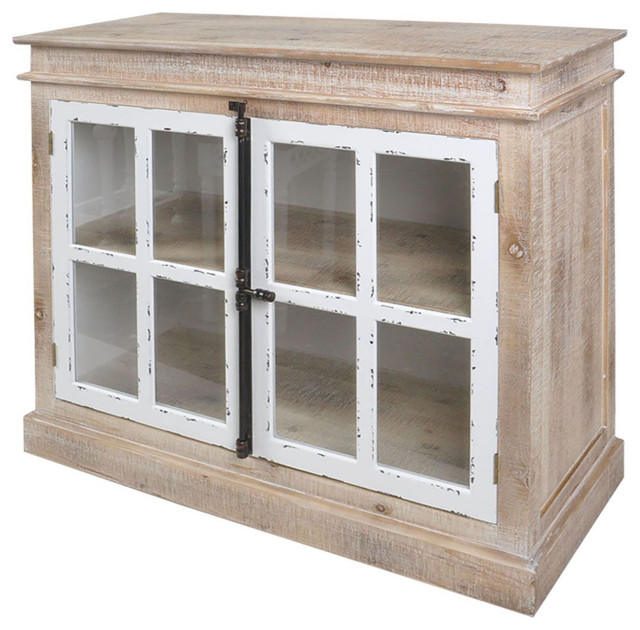Tipton Farmhouse Two Door Cabinet Window Pane Doors, Natural Wood ...