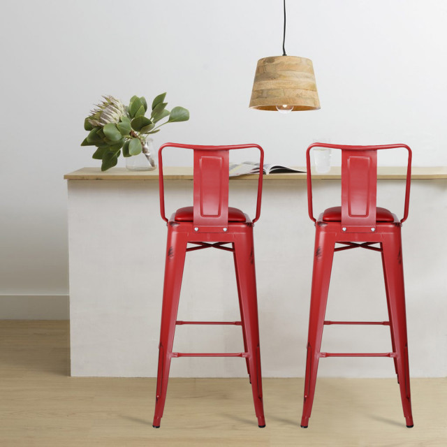 Highback Red Metal Bar Stools, Red Vegan Leather Seat, Set of 2 ...