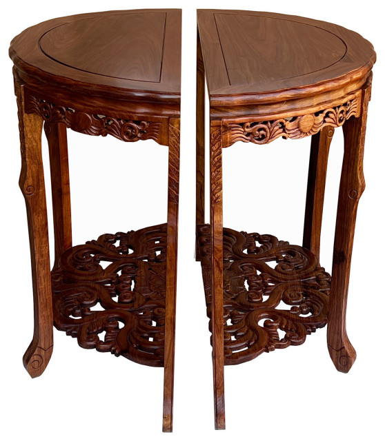 Chinese Brown Flower Carving Wood 2 Half Side Round Pedestal Table ...