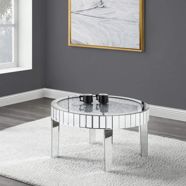 Elegant Silver Round Coffee Table with Mirrored Mosaic Edge and Faux ...