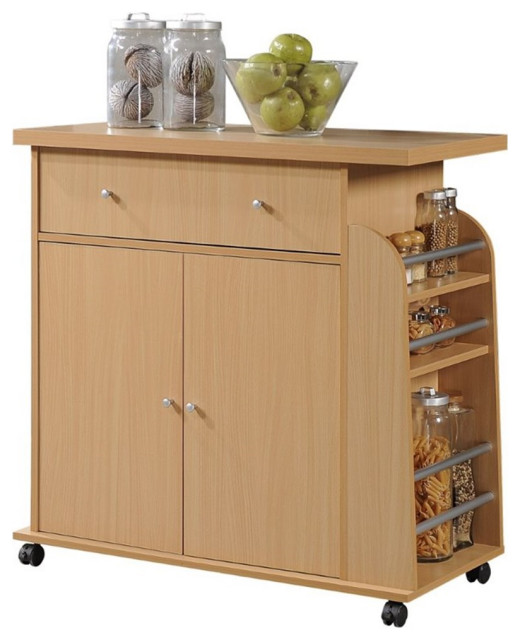 Pemberly Row Contemporary Wood Kitchen Cart with Spice Rack in Beech ...