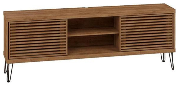 HomeRoots Modern TV Stand With Metal Legs And Light Wood-Slat Sliding ...