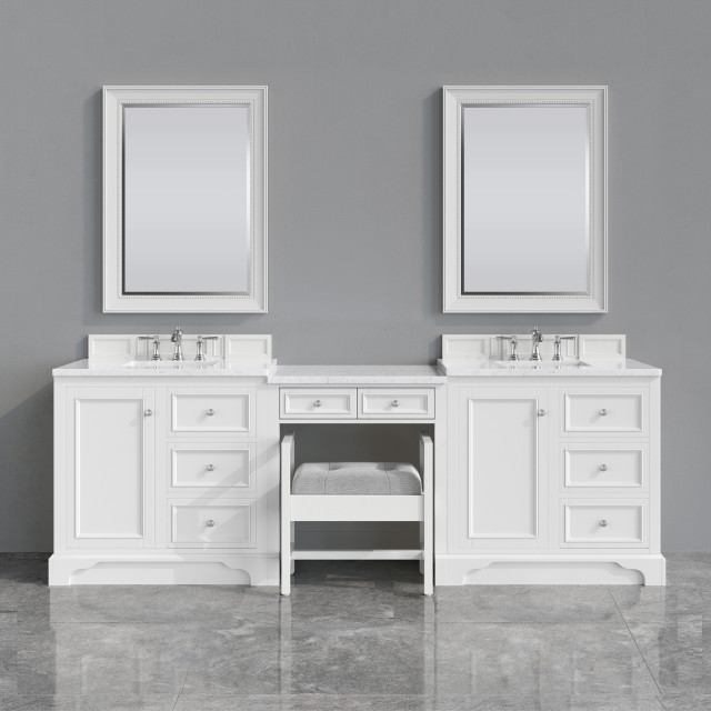 De Soto 102" Bright White Double Vanity Deluxe Set, 3cm Jasmine Pearl ...