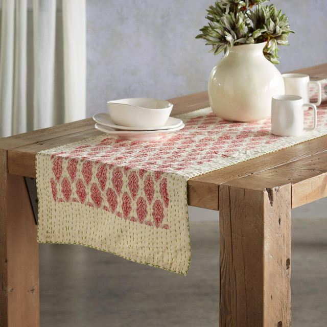 Artisan Hand Loomed Table Runner, Red With Green Stitching, 18"x96 ...