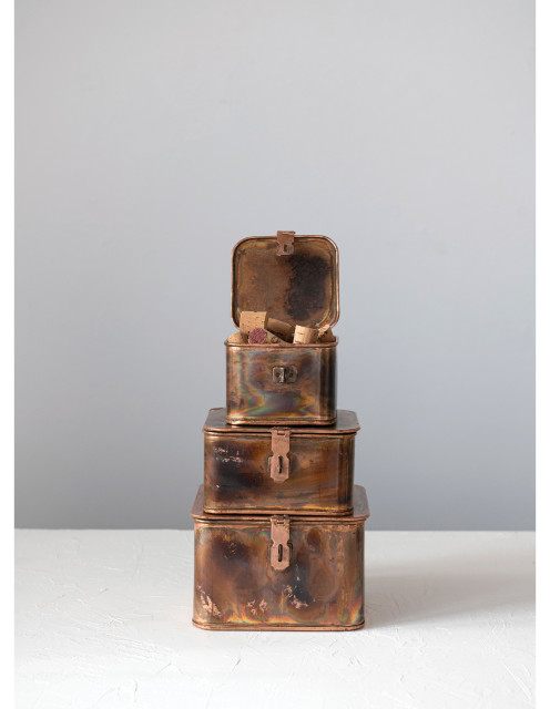 Various Square Decorative Boxes, Burnt Copper Finish, Set of 3 ...