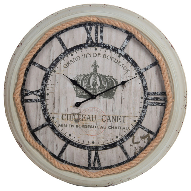 Benzara Coastal Metal Wall Clock with Rope Accented Frame, White and ...