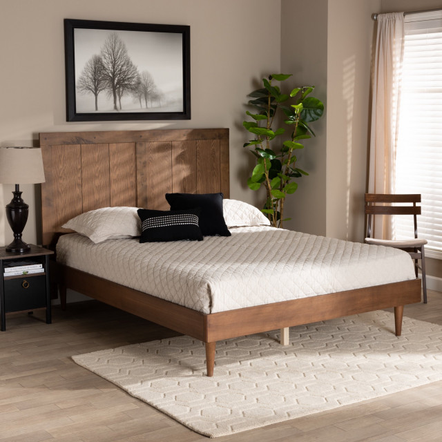 Transitional Queen Platform Bed, Wood Slated With Panel Headboard, Ash ...