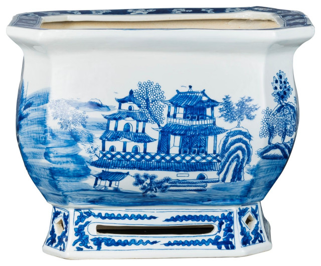 Blue & White Porcelain Landscape Foot Bath - Asian - Indoor Pots And ...