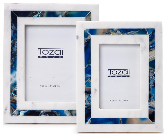 Tozai Blue Agate Inlay Set of 2 White Marble Photo Frames ...