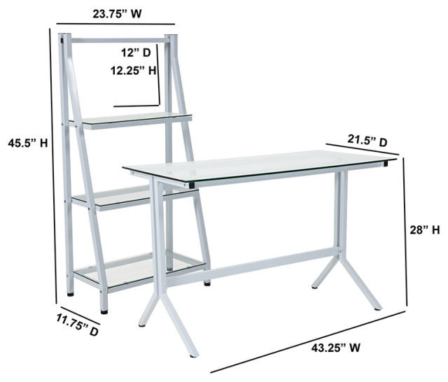 Winfield Collection Glass Computer Desk and Bookshelf with White Metal ...