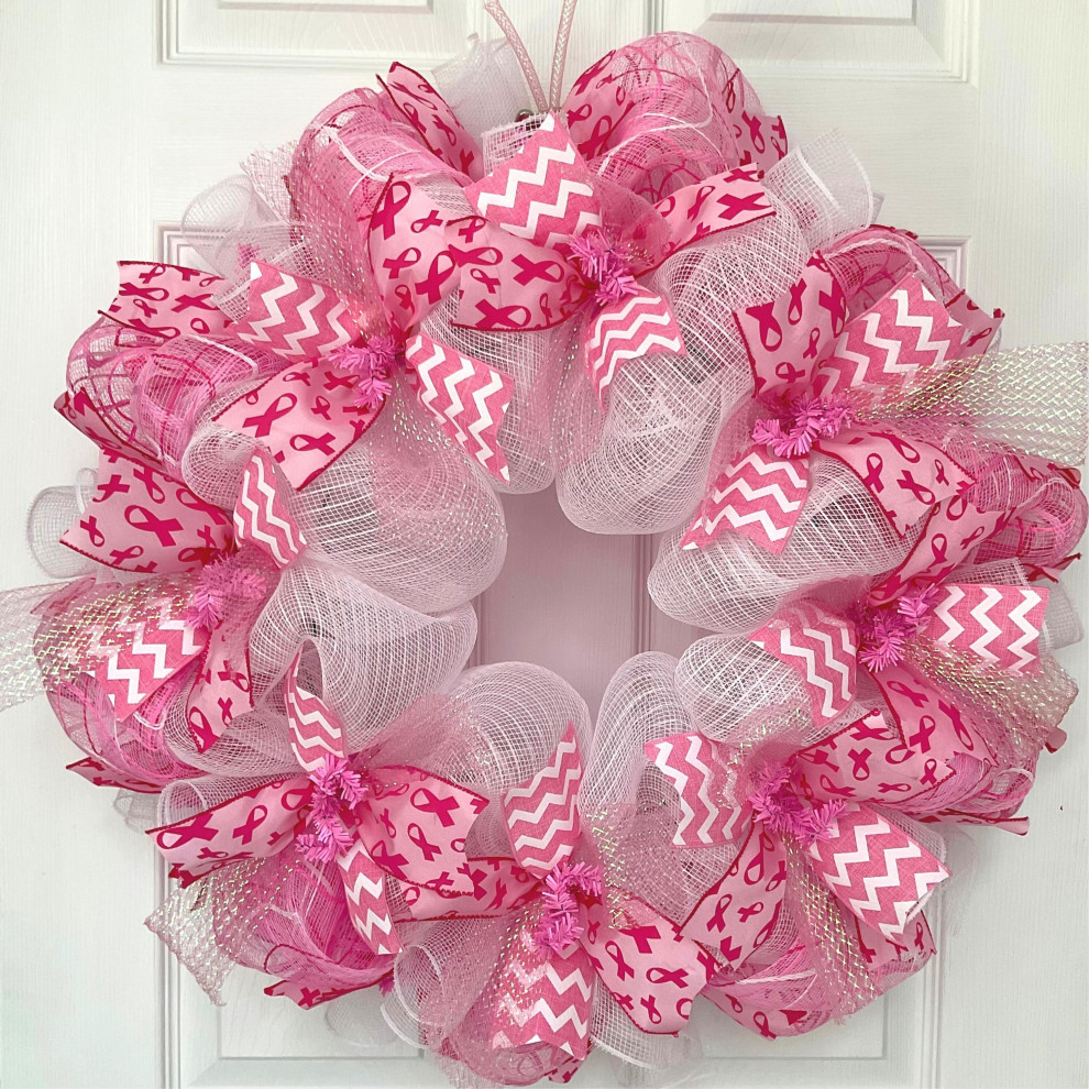 Breast Cancer Awareness Handmade Ribbon Wreath Deco Mesh - Contemporary ...