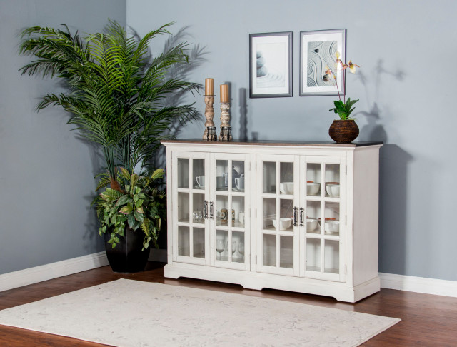 69" White Wood Buffet Server With Windowpane Glass Doors Curio Cabinet ...