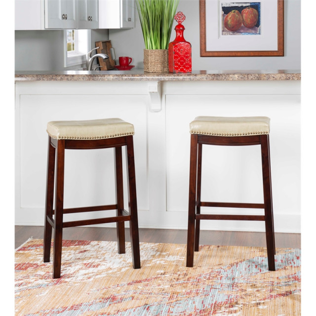 Linon Claridge Backless Bar Stool Beige Faux Leather Wood Frame in ...