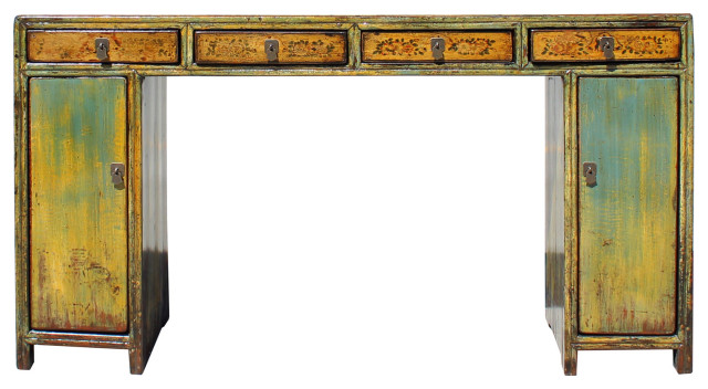 Chinese Distressed Blue Mustard Yellow 4 Drawers Console Altar Table ...