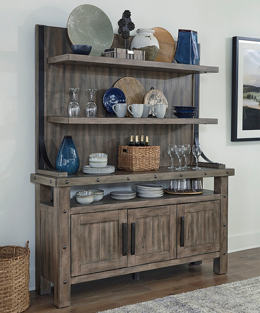 Lodge Counter Height Extendable Table With 6 Stools and Buffet Hutch ...