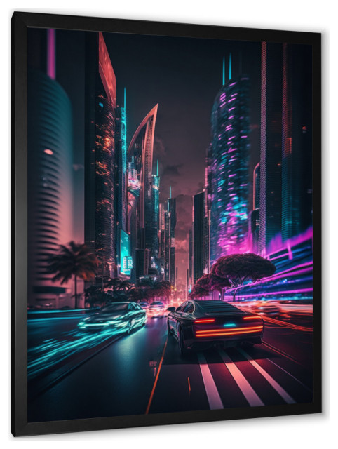 Futuristic Miami Neon Art II Framed Print, 16x32 - Contemporary ...