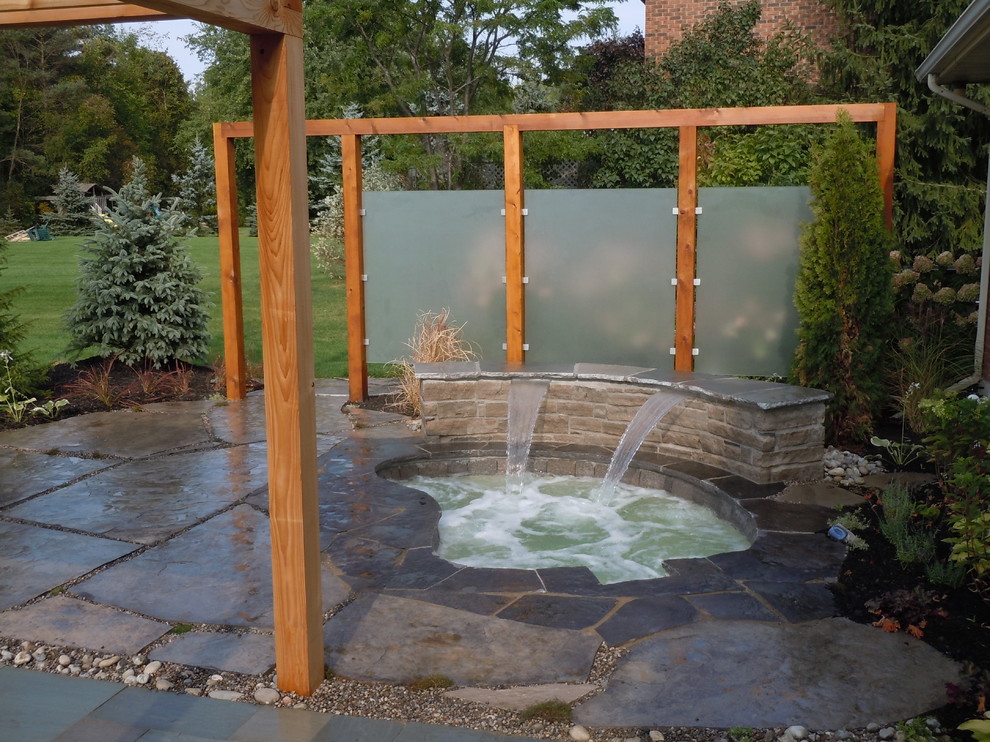 Inground Spa with Waterfall, Patio and Privacy Screens - Contemporary ...