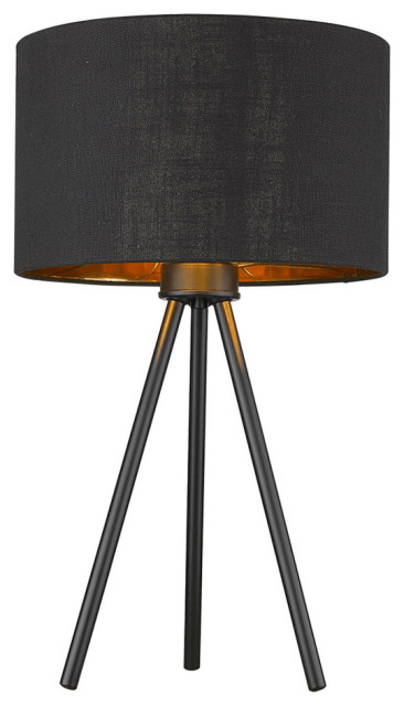 22" Black Metal Column Table Lamp With Black Drum Shade - Midcentury ...