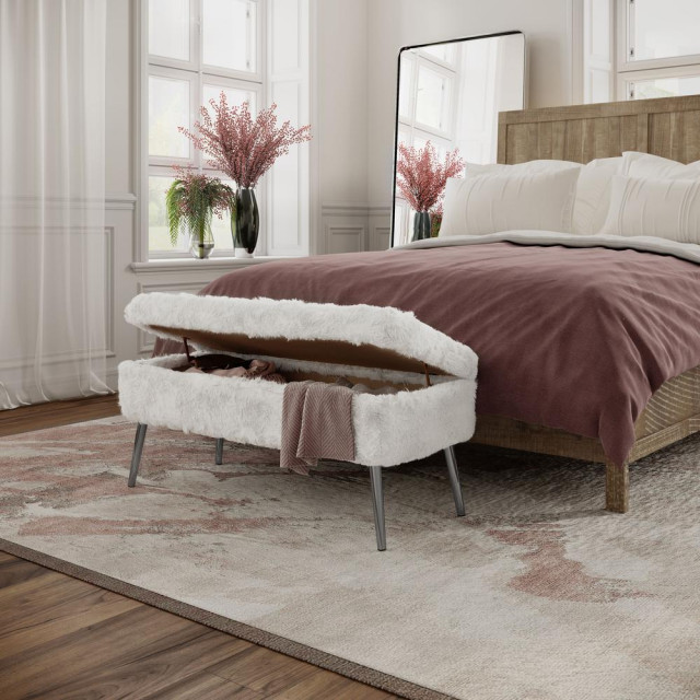 Huggy Luxury Plush Faux Fur Upholstered Storage Bench, Natural ...