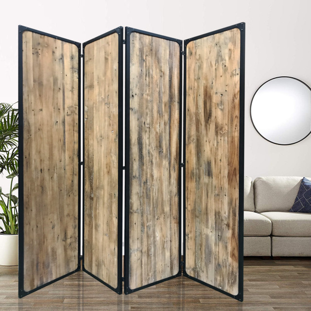 HomeRoots 4 Panel Brown Room Divider - Industrial - Screens And Room ...