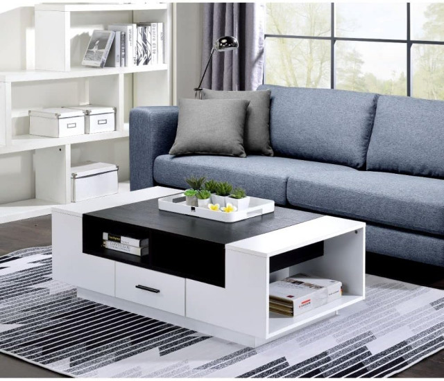 Modern Coffee Table, Multiple Open Compartments & Center Drawer, Black ...