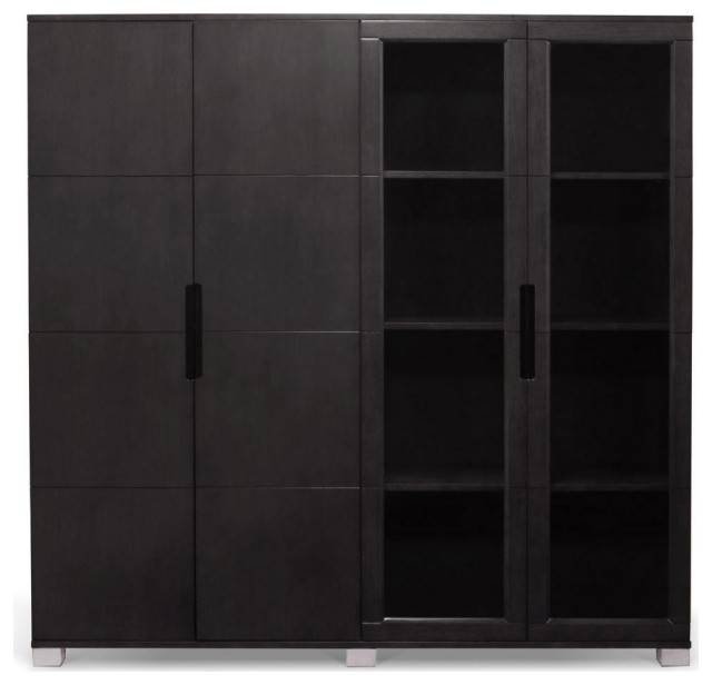 72” Modern Hayes Black Oak Wood Double Cabinet Storage Unit Glass/Wood ...