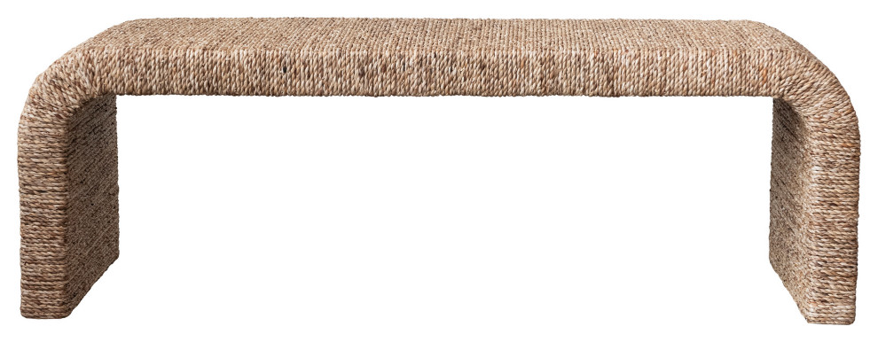 Woven Water Hyacinth and Acacia Wood Bench With Waterfall Edge, Natural ...